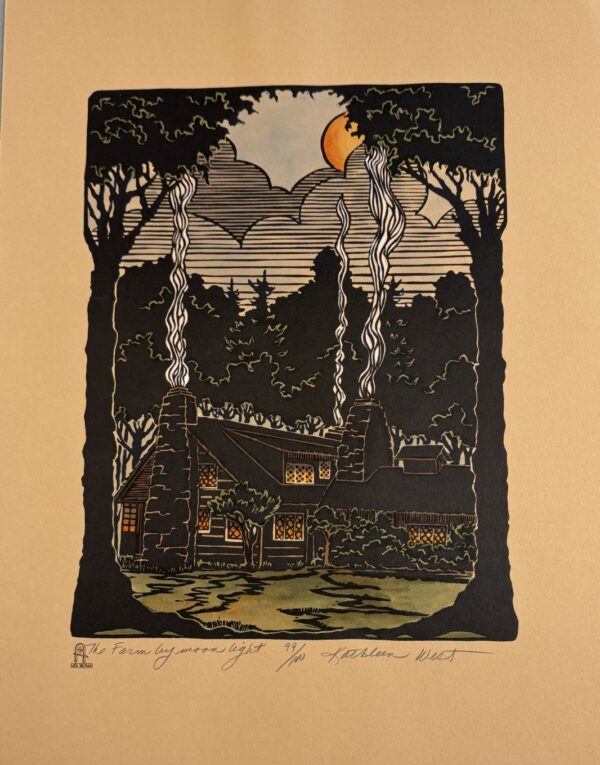 Kathleen West Block Print – The Farm By Moonlight – Stickley Museum